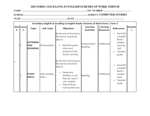 2023 FORM 1 EXCELLING IN ENGLISH SCHEMES OF WORK TERM 3 - Elimu Cloud ...