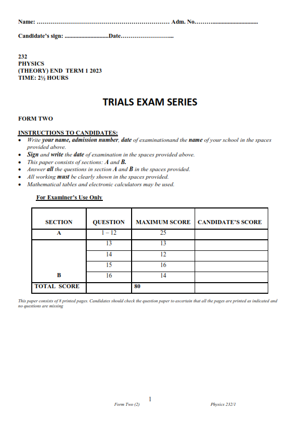 2023 Form 2 Physics End Of Term 1 Examination With MS Elimu Cloud 2023 Form 2 Physics End Of Term 1 Examination With MS Elimu Cloud