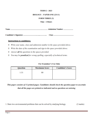 2023 Form 3 Biology Paper 1 End Term 2 Examination With Marking Schemes ...