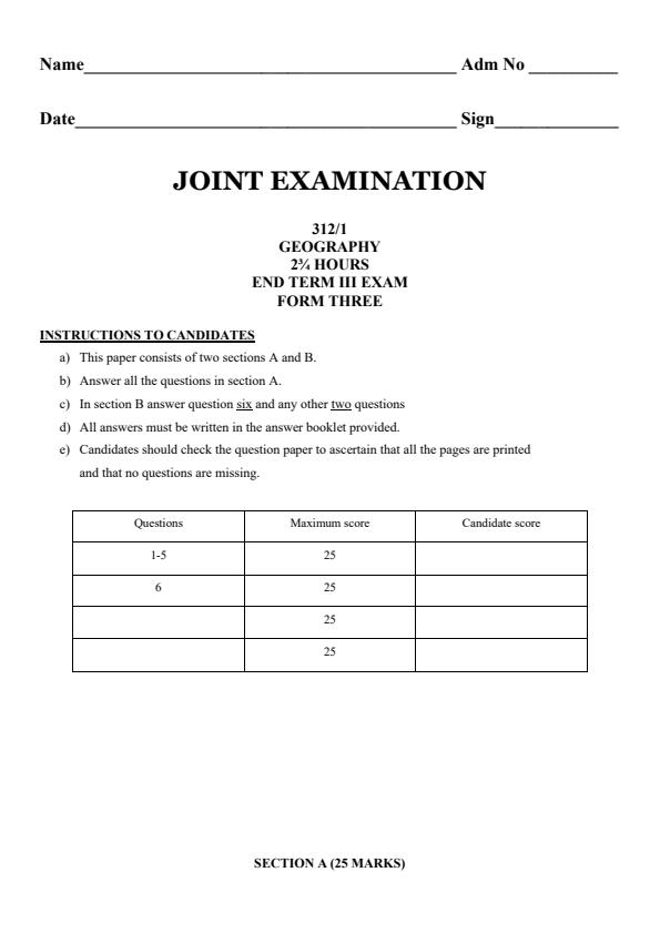 2023 Form 3 Geography Paper 1 End of Term 3 Examination With Marking ...