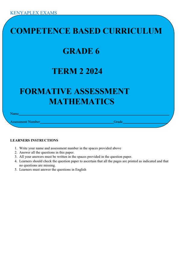 2024 Grade 6 Term 2 Opener Examinations with Marking Schemes - Elimu ...