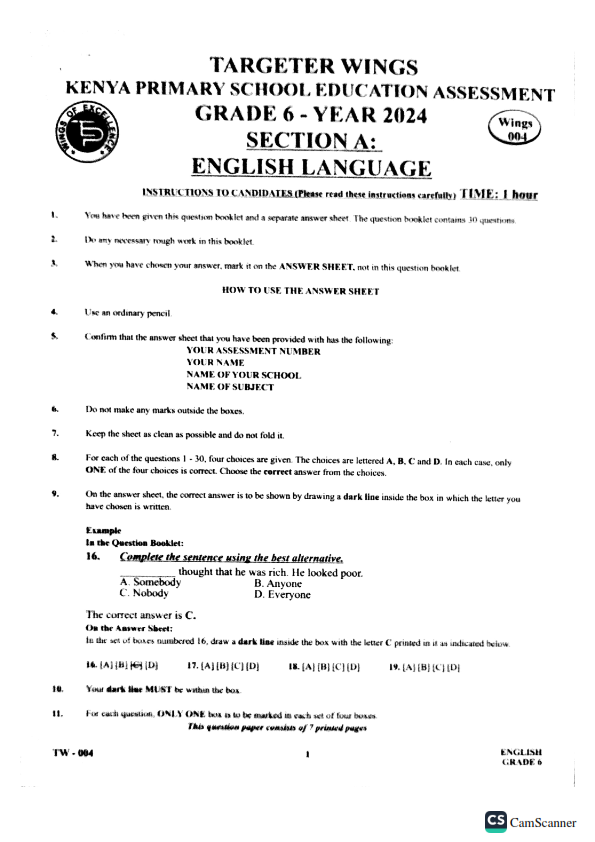 2024 GRADE 6 TARGETER WINGS JSS ASSESSMENT 004 WITH MARKING SCHEME ...