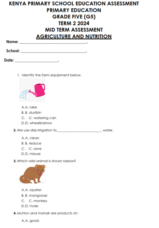 2024 Grade 5 Mid Term 2 Exams 2024 - Set 1 - Elimu Cloud | Notes, Exams ...
