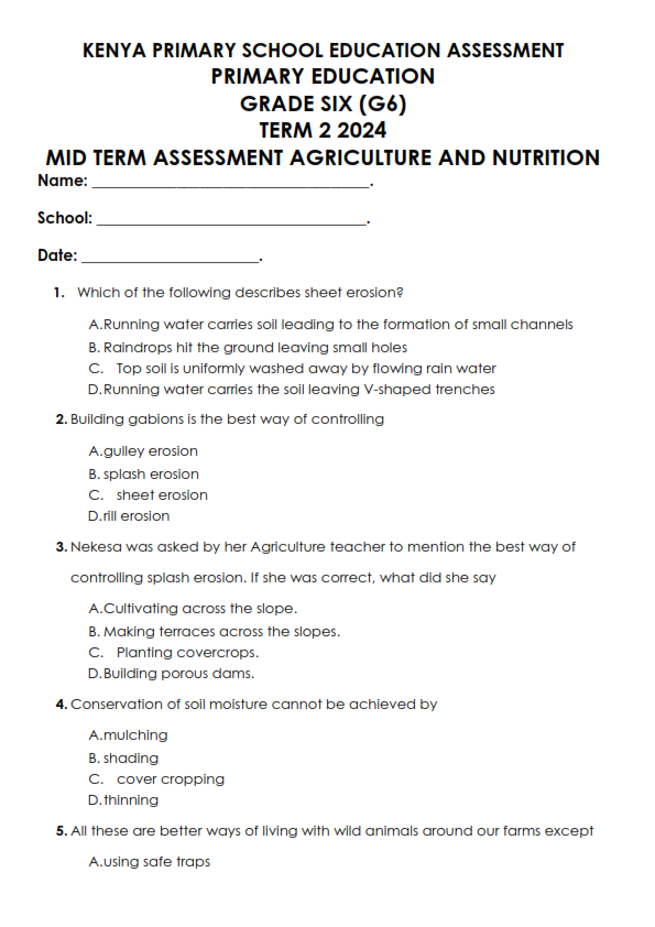 2024 Grade 6 Mid Term 2 Exams 2024 – Set 1 – Elimu Cloud | Notes, Exams ...