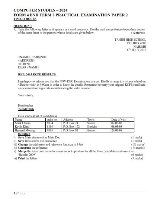 2024 FORM 4 COMPUTER STUDIES PAPER 1-3 END TERM 2 EXAMINATIONS WITH ...