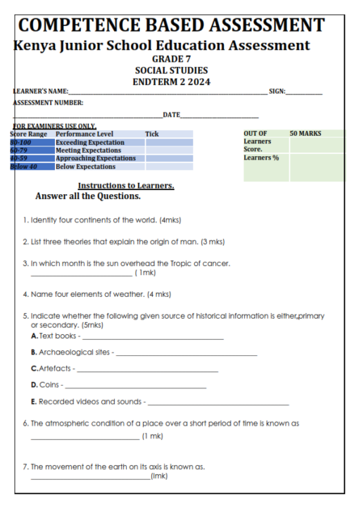 2024 GRADE 7 SOCIAL STUDIES END TERM 2 EXAMS WITH MARKING SCHEME ...
