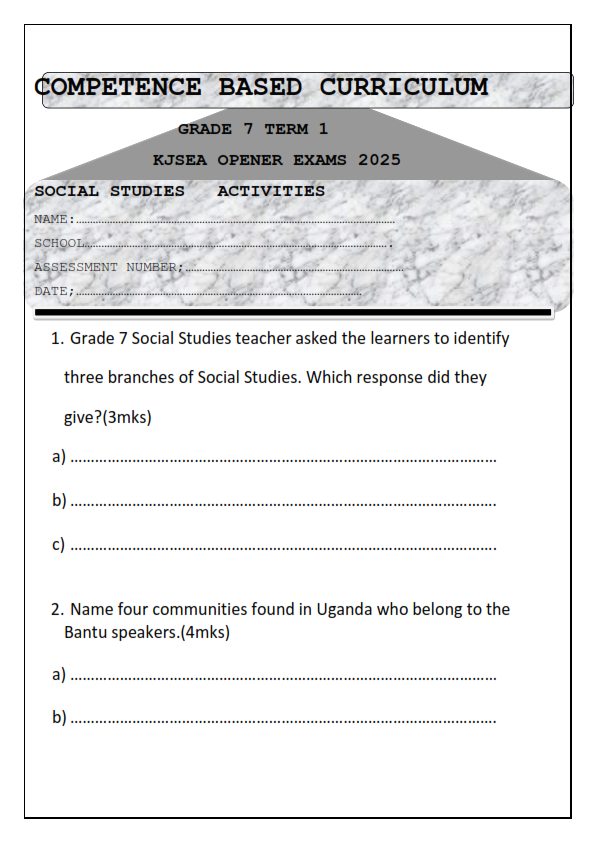 2025 Grade 7 Social Studies Term 1 Opener Exam With Marking Scheme ...