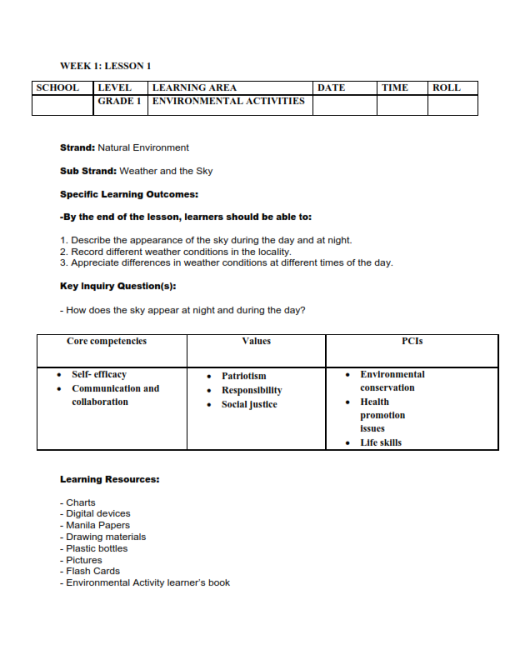 2025 GRADE 1 ENVIRONMENTAL LESSON PLANS - WEEK 1 - WEEK 14 - TERM 2 ...
