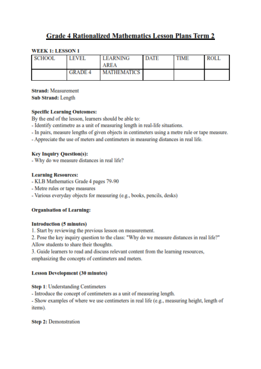 2025 Grade 4 KLB Mathematics Rationalized Lesson Plans Term 2 - Elimu ...