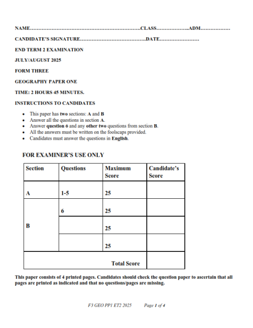 2025 Form 3 Geography Paper 1-2 End Term 2 Exam with Marking Scheme ...