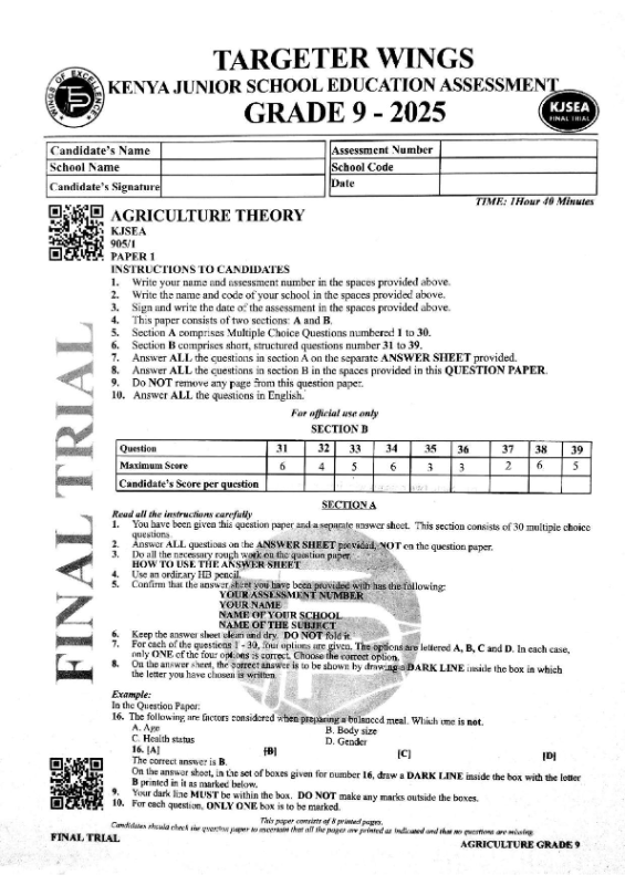 2025 KJSEA GRADE 9 TARGETER FINAL TRIAL EXAMS WITH ANSWERS - Elimu ...